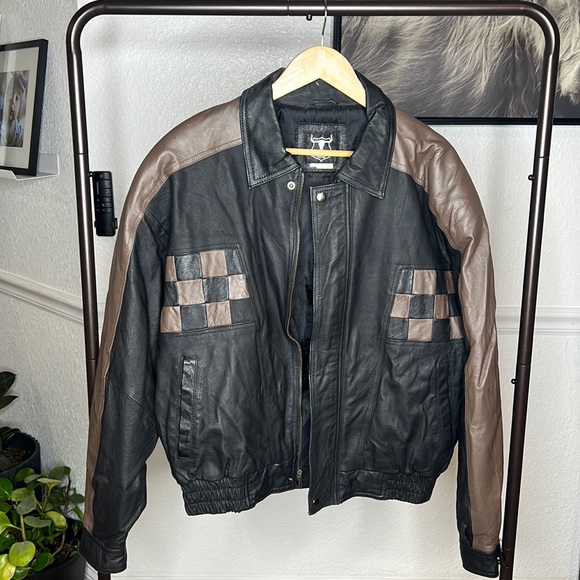Rockey | Jackets & Coats | Vintage Motorcycle Leather Checkered Jacket ...